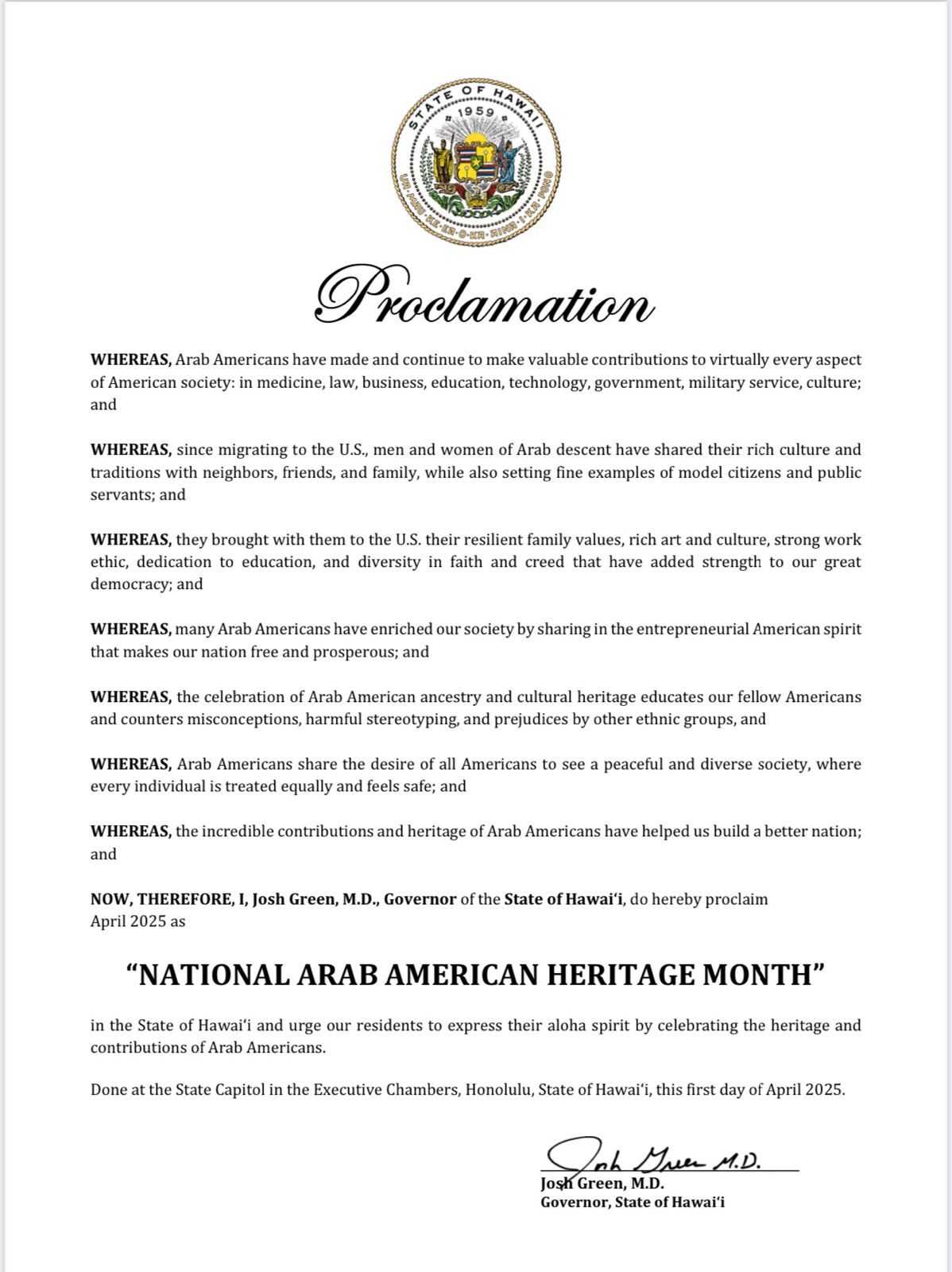 Proclamations for National Arab American Heritage Month-April 2025